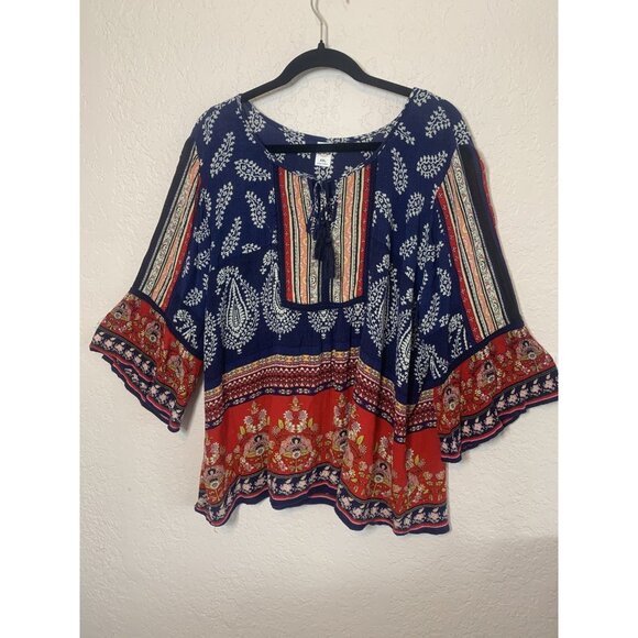 Bila | Tops | Bila Womens Boho Redwhiteblue Floral Stripes Tassels Size ...